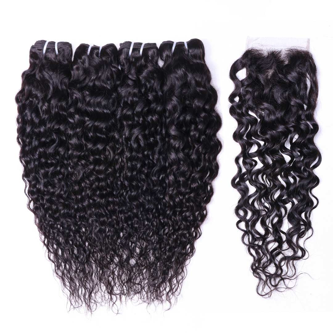 Cheap Human Hair Weave 4 Bundles With 4x4 Closure Water Wave Evova Hair ...